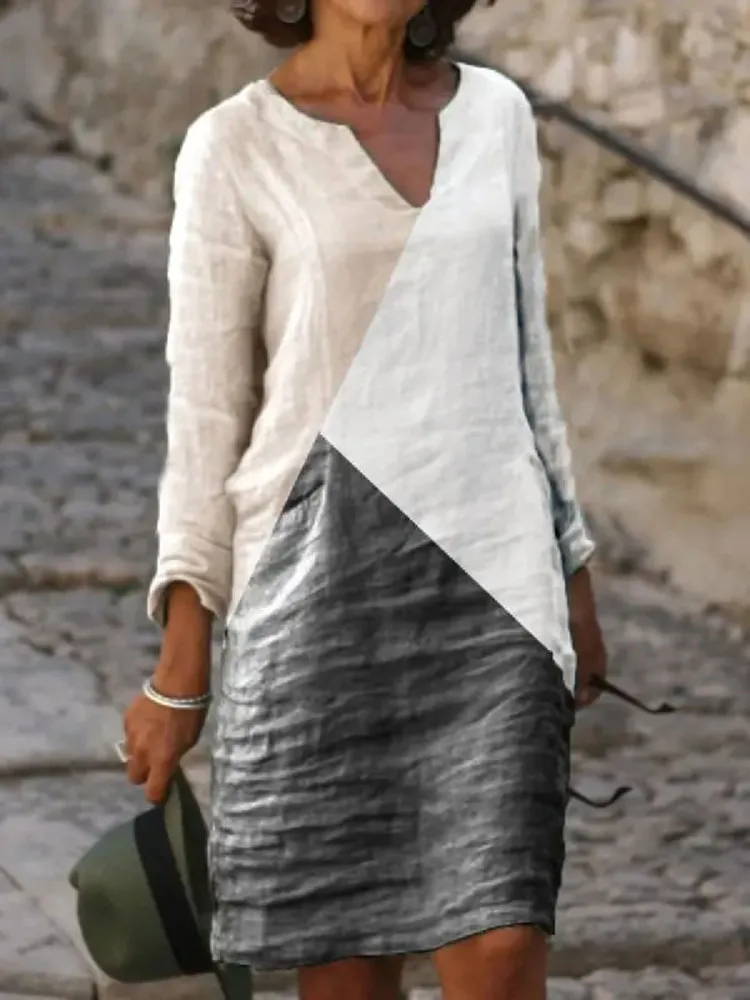 Vestido de lino y algodón Vintage para mujer, ropa informal con cuello en V, Patchwork suelto ...