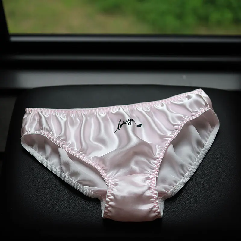 love you Embroidered mulberry silk satin waist briefs Women's sexy ...