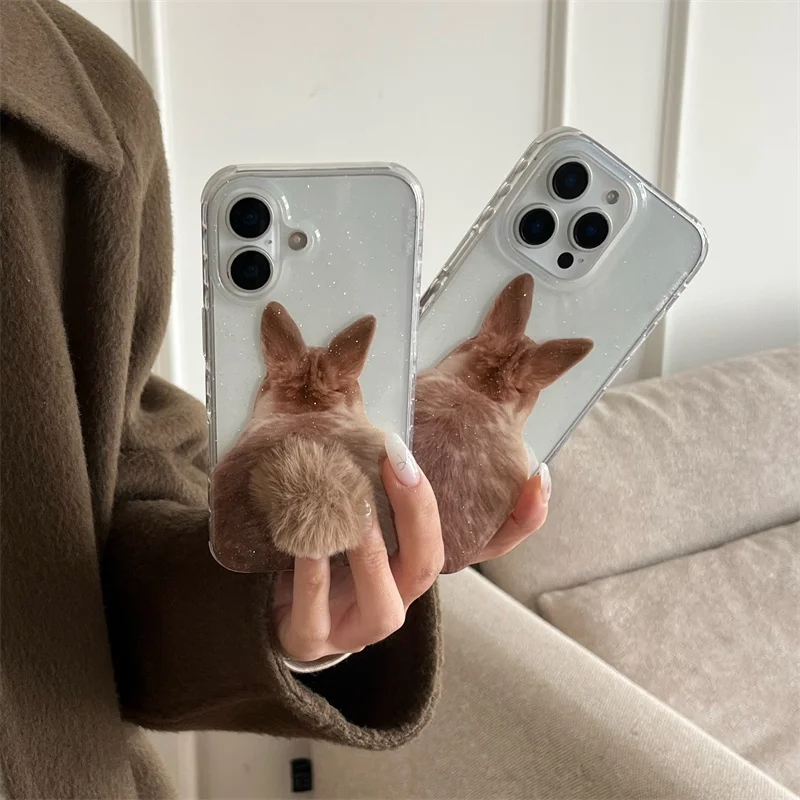 Kawaii Plush Ball Rabbit Phone Case For iPhone 16 Pro 15 13 14 Pro Max ...