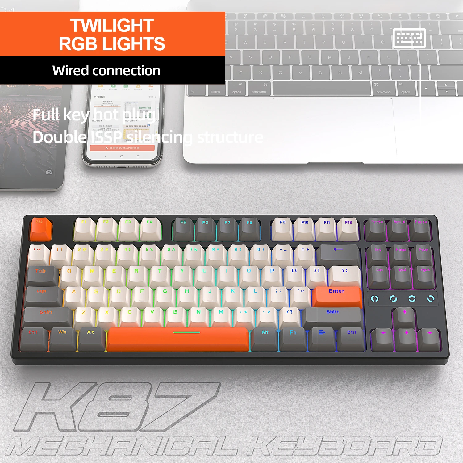 Teclado mecânico com fio personalizado Gaming, K87 RGB, Hot-swap, NKRO, Tipo-C, 87 chaves ...