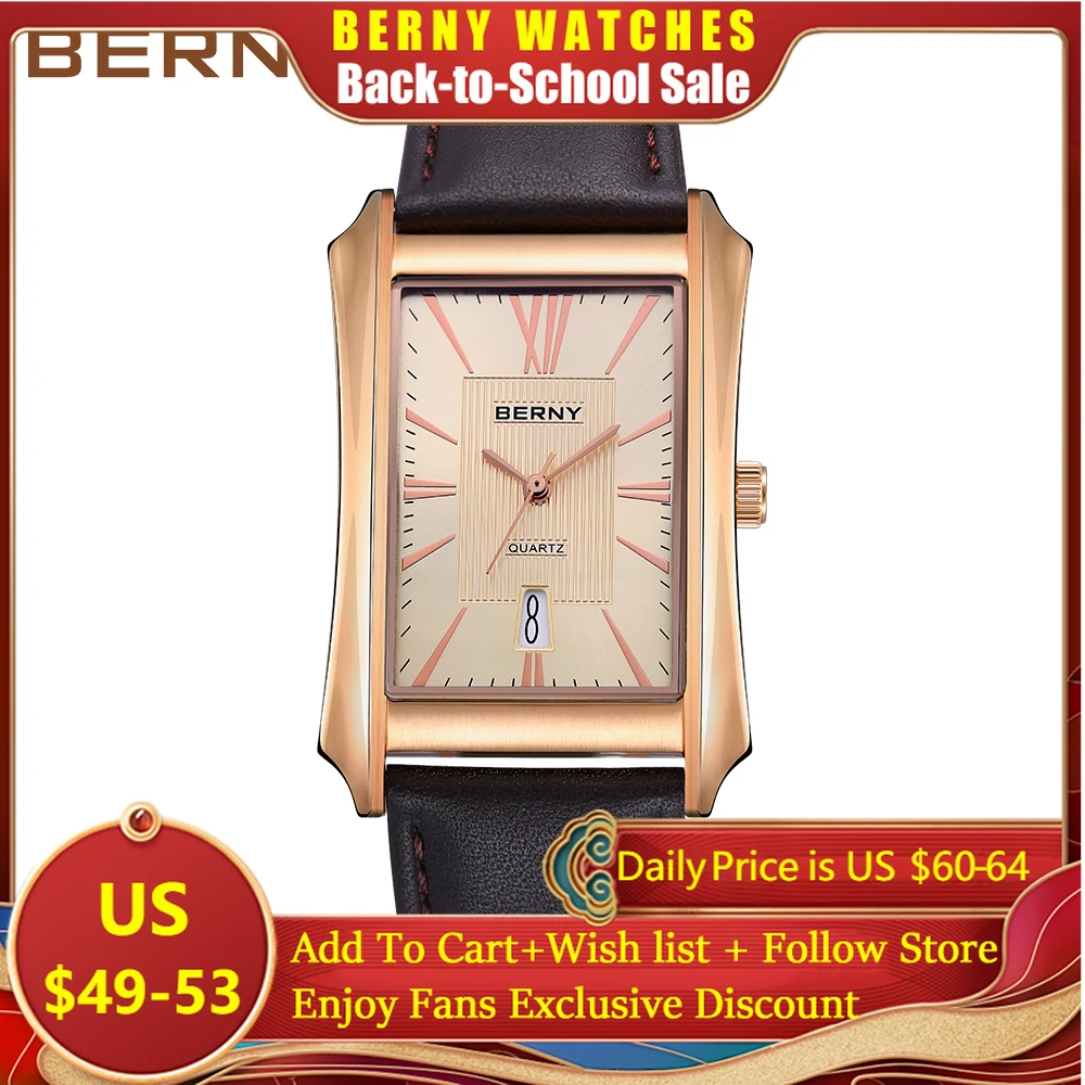BERNY reloj Rectangular de cuarzo para hombre, accesorio de pulsera resistente al agua con ...