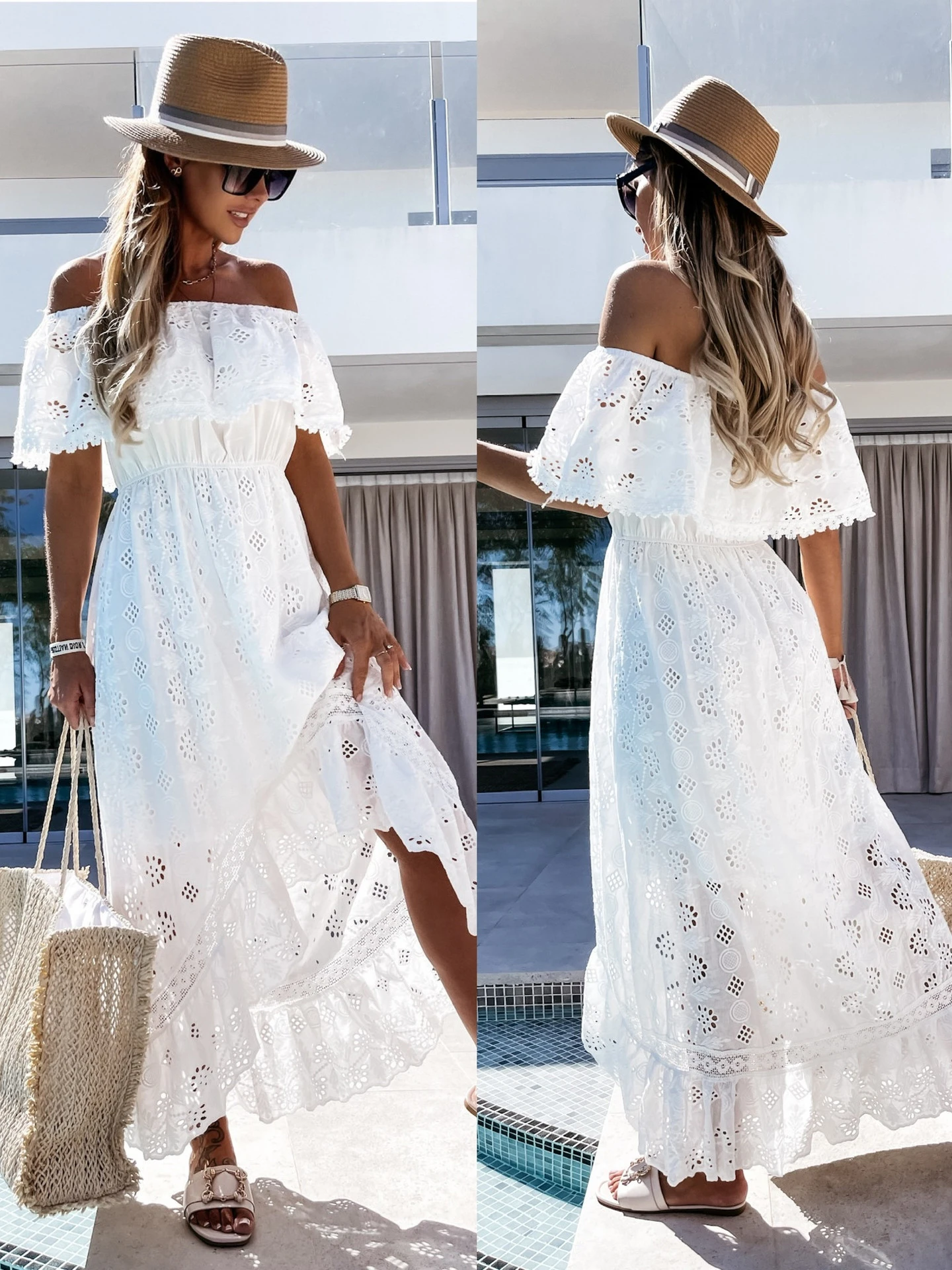 Robe De Soirée Bohémienne Blanche Chic Et Élégante, Tenue De Plage Maxi Pour Femmes, Col En V, À ...