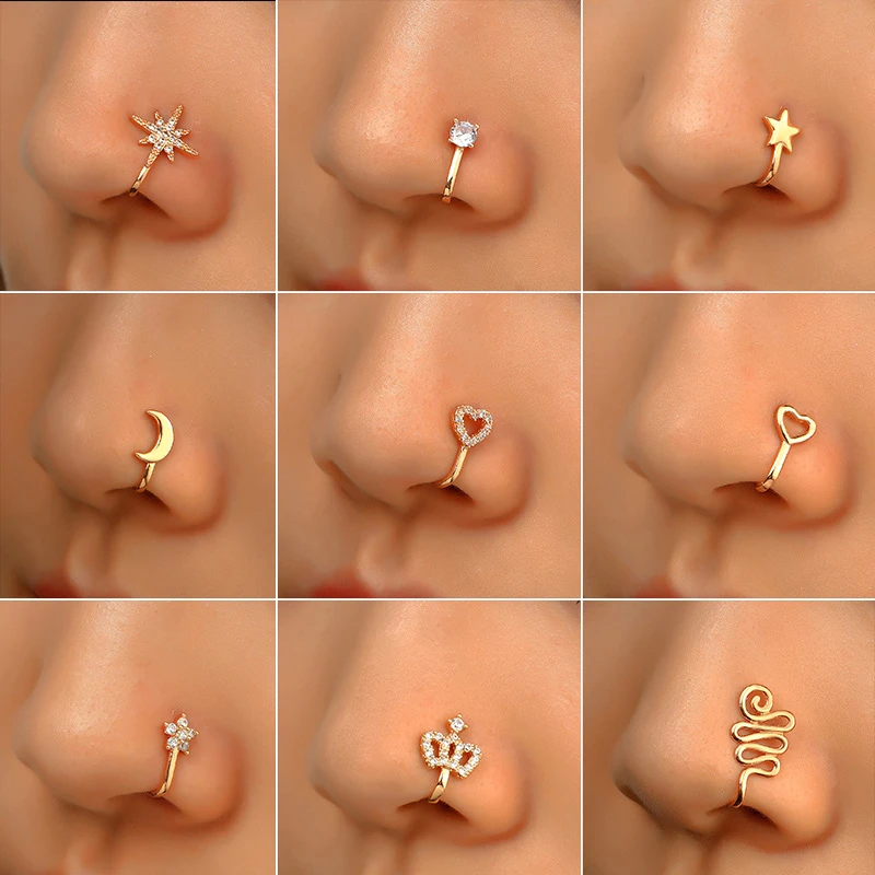 1Pc Koper Nep Piercing Neus Ring Hart Star Crown Clip Op Neus Oor Clip Manchet Oorbel Voor ...