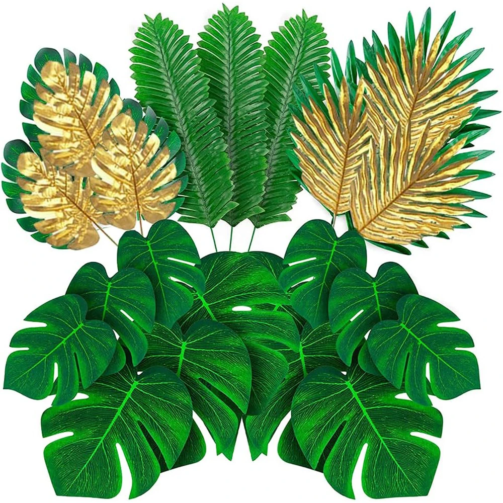 Artificial-Tropical-Palm-Leaves-Hawaiian-Luau-Jungle-Party-Golden-Stems ...