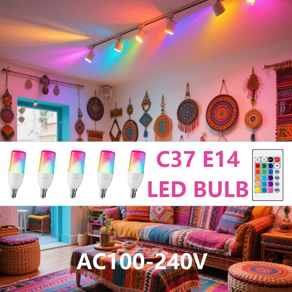 1-10PCS T37 E14 16Colors RGB LED Bulb 24Key Remote Control Dimmable ...
