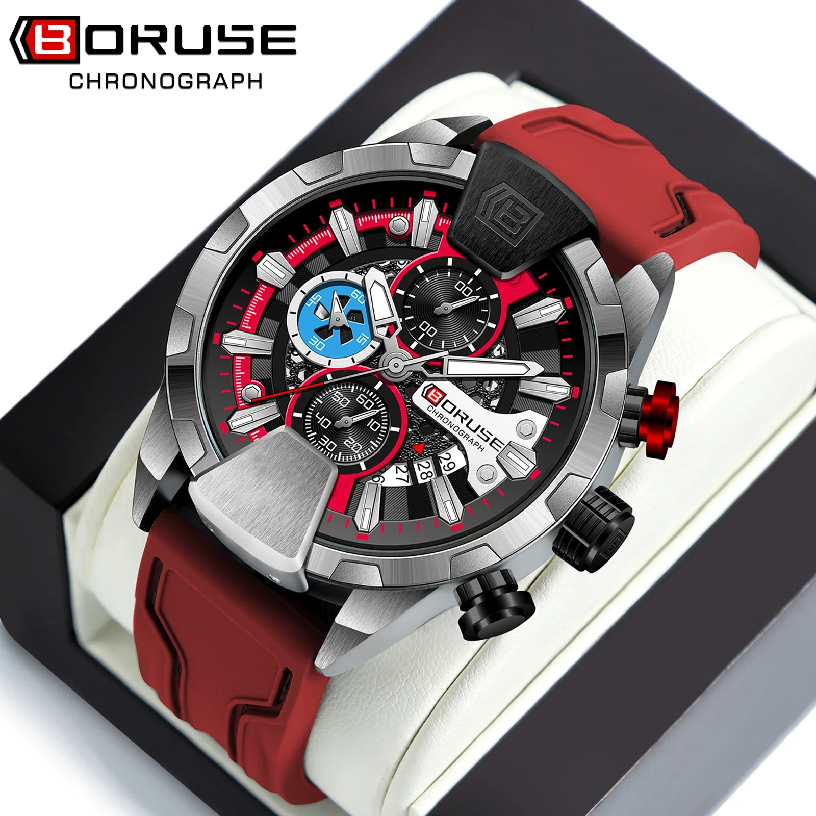 BORUSE Watches for Men Red Waterproof Chronograph Watch Mens Business ...