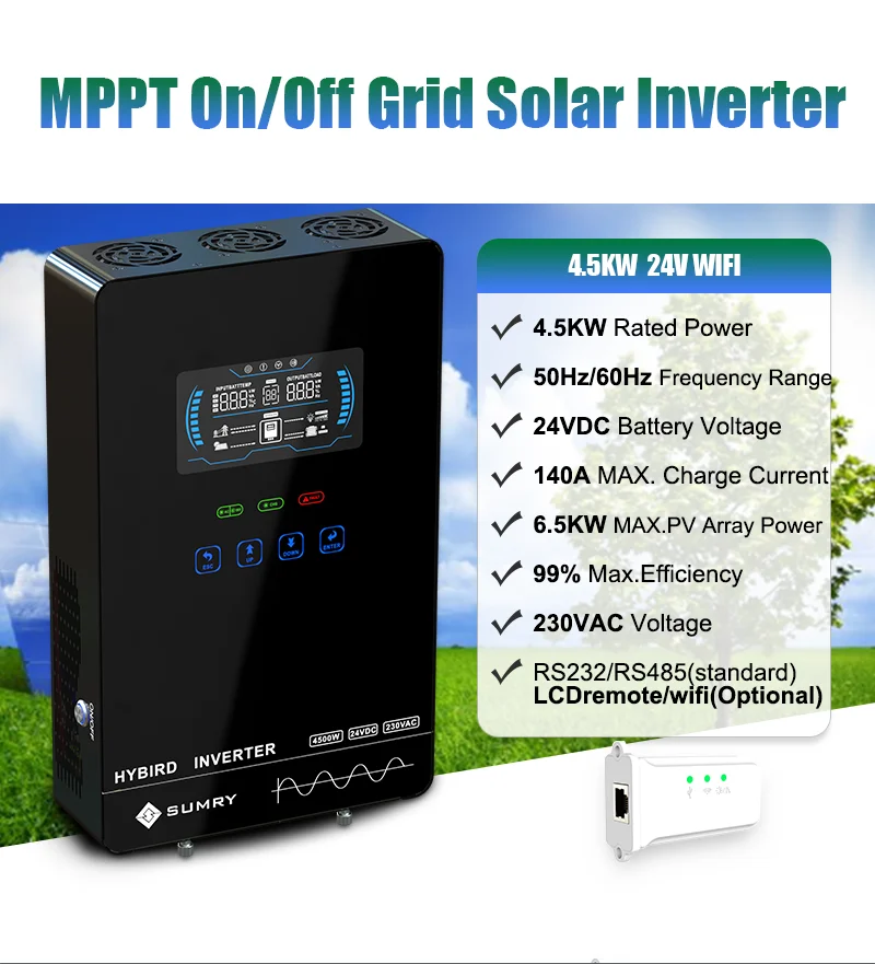SUMRY 4.5Kw Solar Off grid Inverter DC24V 120VAC 230VAC Pure sine wave ...