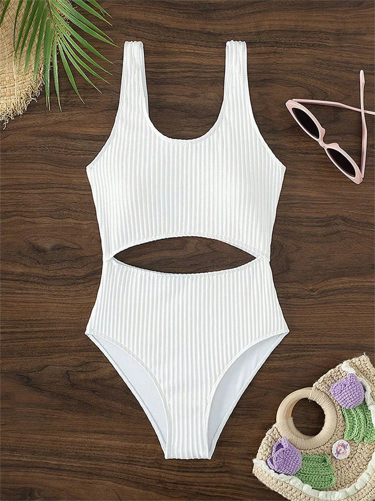 New Sexy White One Piece Swimsuit Women Hollow Out Swimwear Ribbed ...