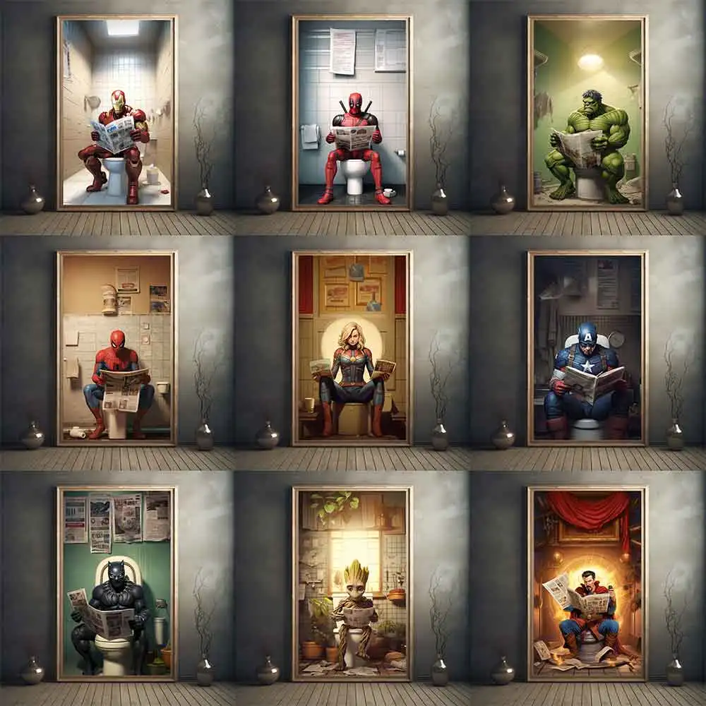 Disney-Funny-Superhero-Toilet-Reading-Newspaper-Poster-Cartoon-Bathroom ...