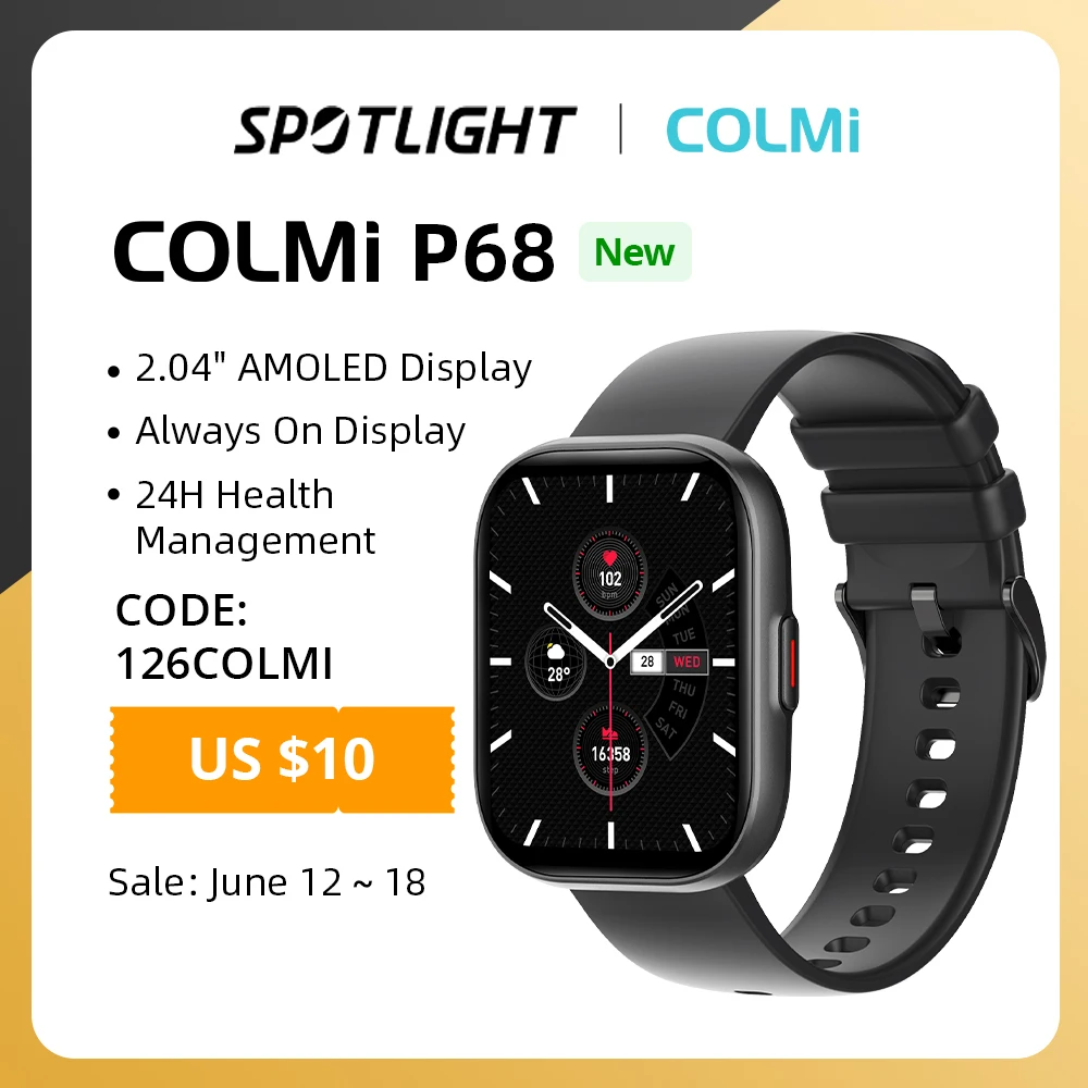 COLMI P68 스마트 워치, AMOLED 스크린, 100 스포츠 모드, 7 일 배터리 수명 지원, 상시 디스플레이 스마트 ...