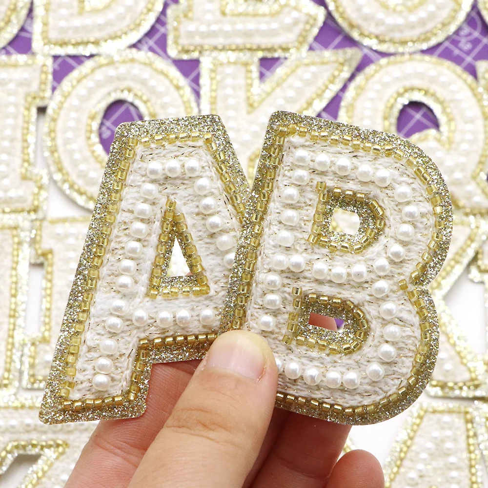 1PC-Beige-Beaded-Letter-Golden-Edge-English-Stickers-Iron-On-Patch ...