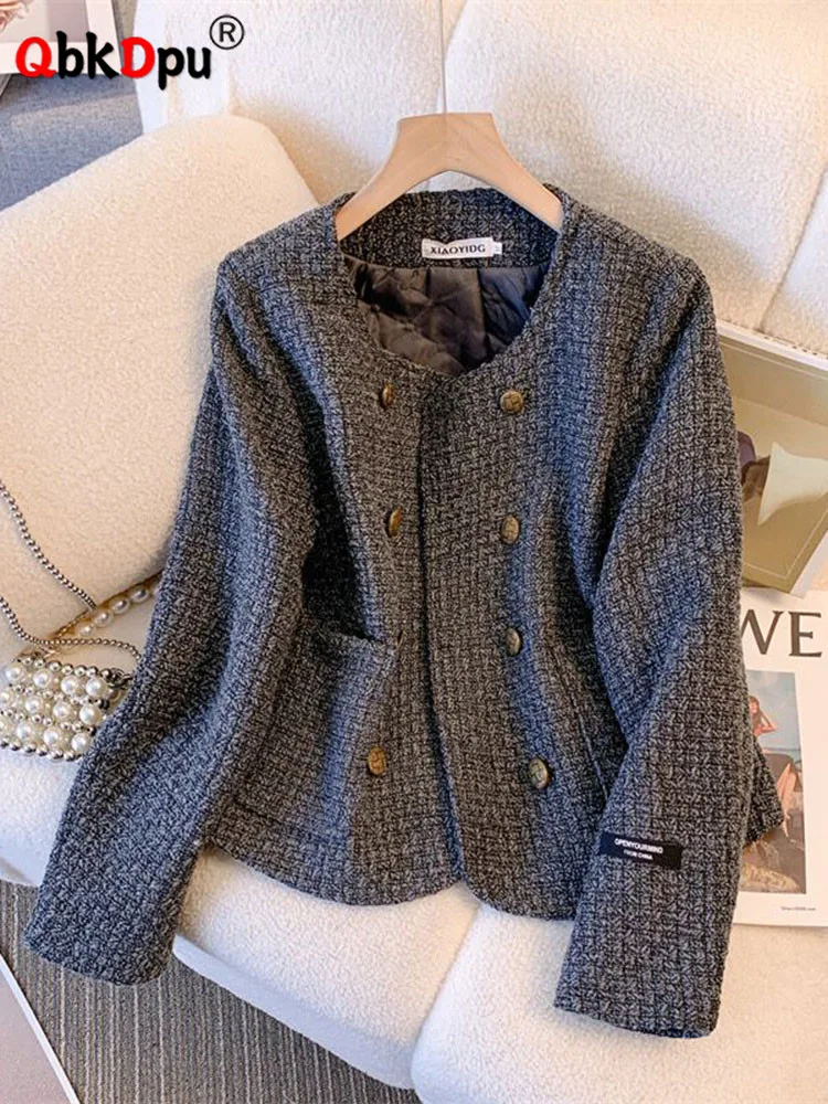 Women Cropped Tweed Woolen Jackets Korean Chic Double Breasted Wool ...