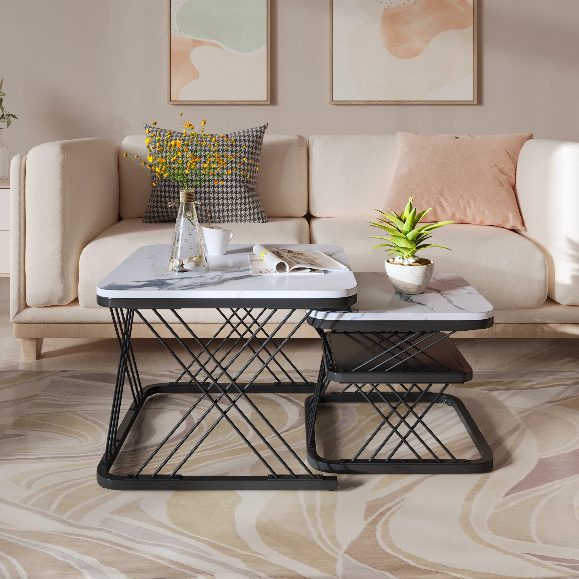 Set-of-2-modern-side-tables-PVC-with-marble-look-matt-black-steel-tubes ...