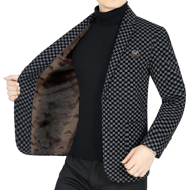 New Winter Men Fleece Checkered Suits Coats Business Casual Blazers ...