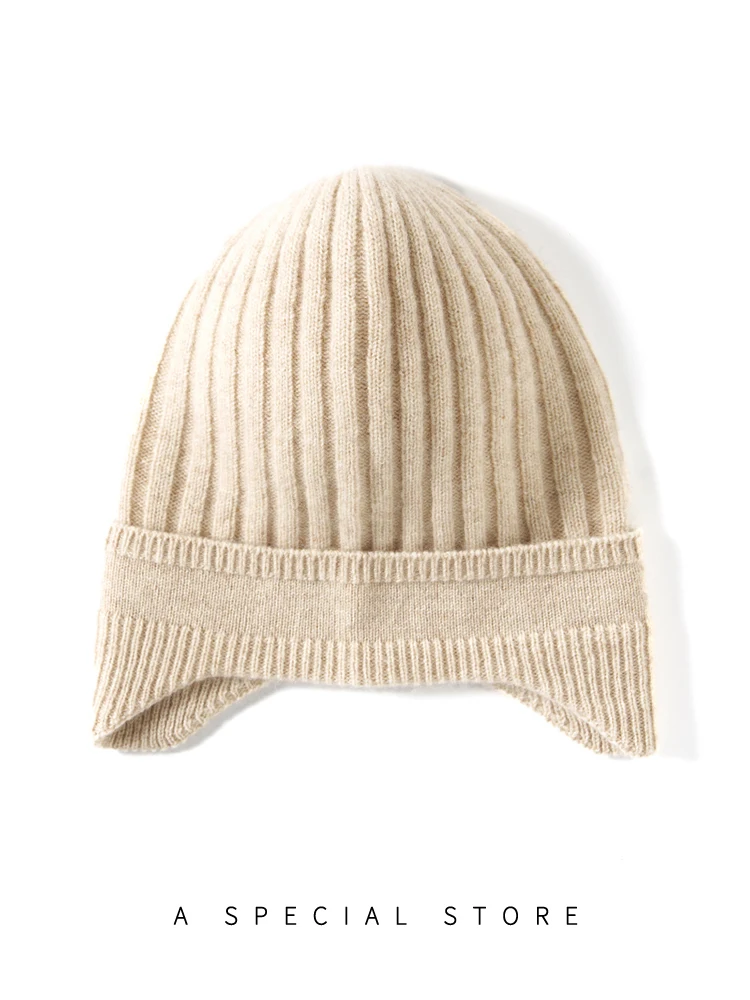 Cashmere-Knit-Earflap-Caps-Ribbing-Thick-Beanies-2023-Winter-Vintage-Hat-Soft-Hat-Wool-Blend ...