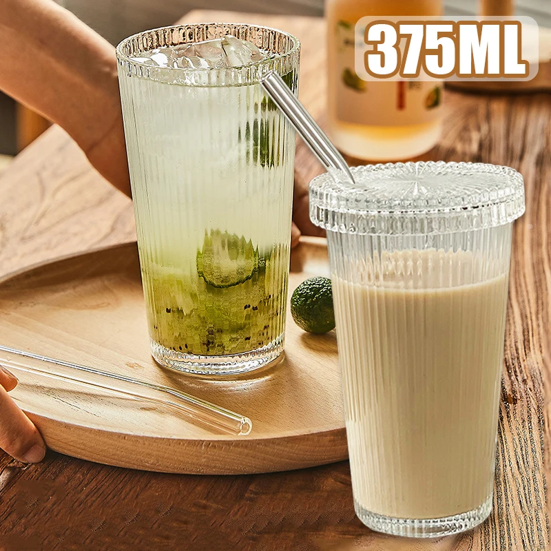 375ml-Water-Cup-Simple-Stripe-Glass-Cup-With-Lid-And-Straw-Transparent ...