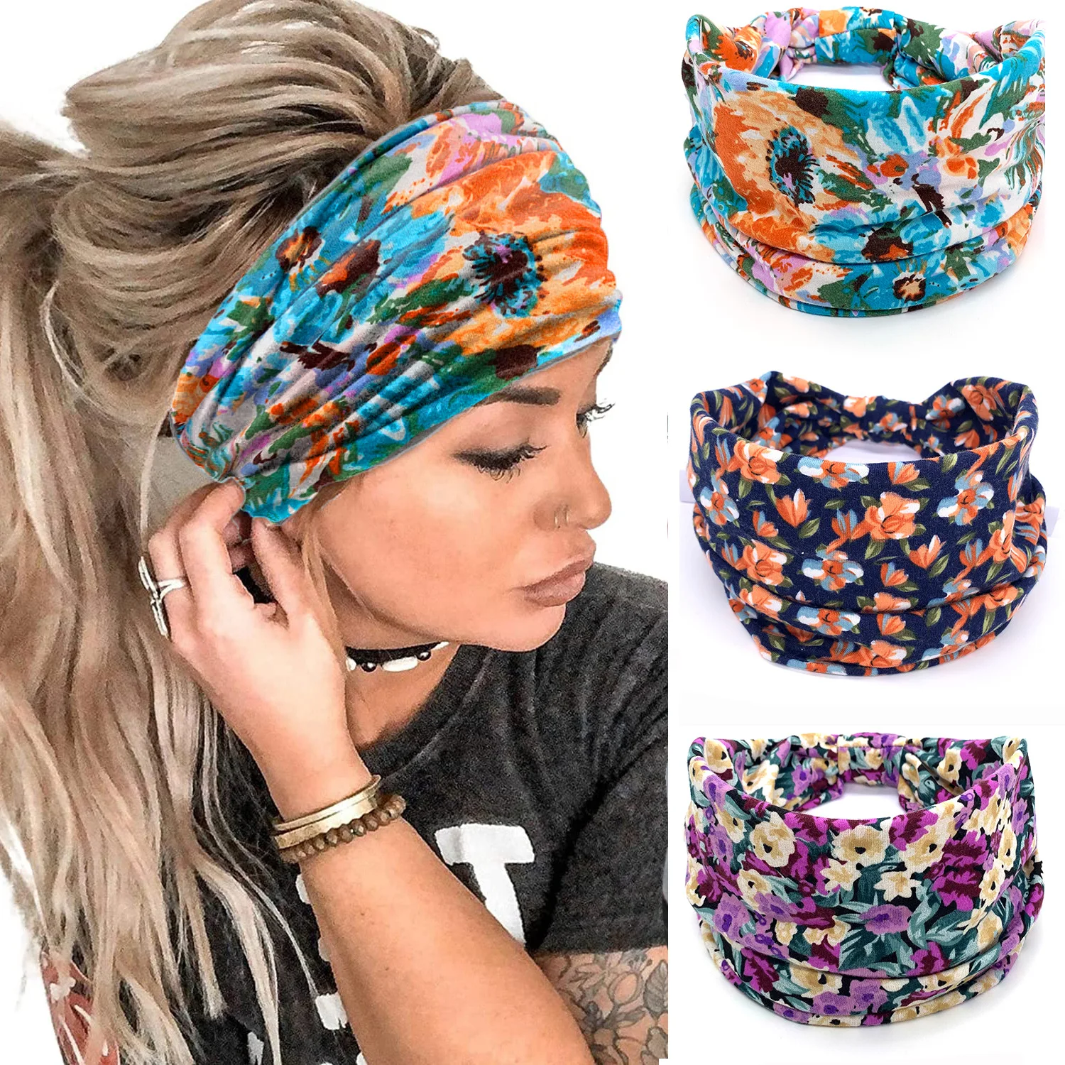 Bohemia-Floral-Wide-Cotton-Stretch-Women-Headband-Headpiece-Hair ...