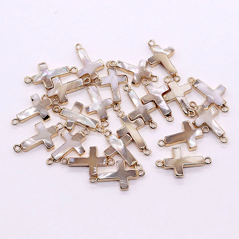 Natural Sea Shell Connector Pendant Cross Golden Plated Edge Connector ...