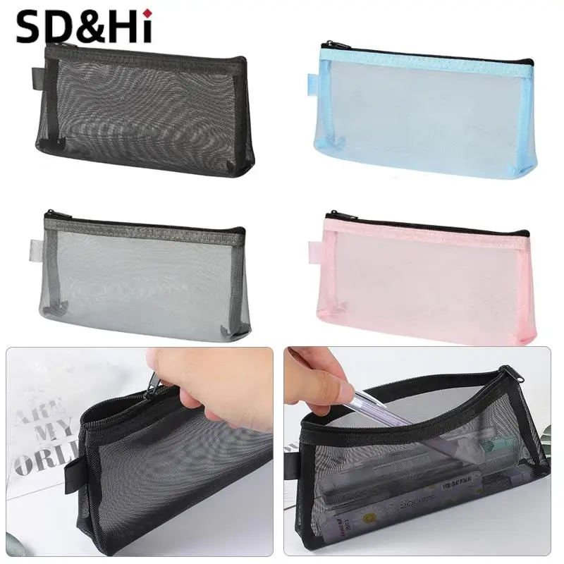 1Pc Simple Transparent Portable Mesh Pencil Case Pen Bag Office Student ...