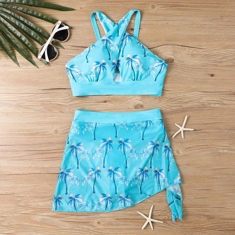 3pc Ruffe Bikini Set Women Swimwear Push Up Swimsuit Bottom Print