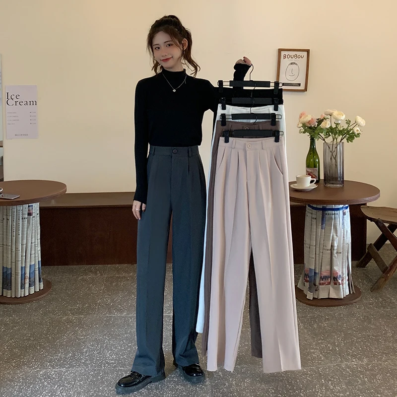 루즈핏 캐주얼 와이드 레그 하이 웨이스트 드레이프 슬리밍 스트레이트 걸레 바지 여성용 한국 스타일 봄 정장 바지