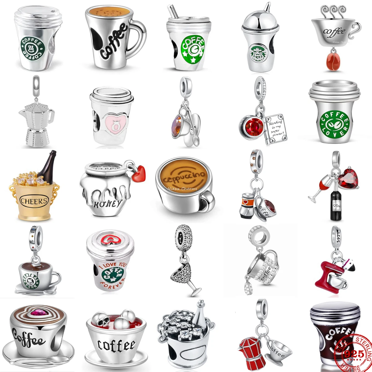 New-925-Sterling-Silver-I-Love-Coffee-Cup-Series-Book-Pendant-Charm ...
