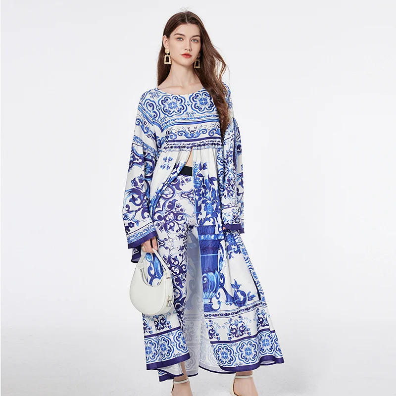 JAMERARY-Fashion-Runway-Floral-Two-Piece-Set-Women-Holiday-Blue-White ...
