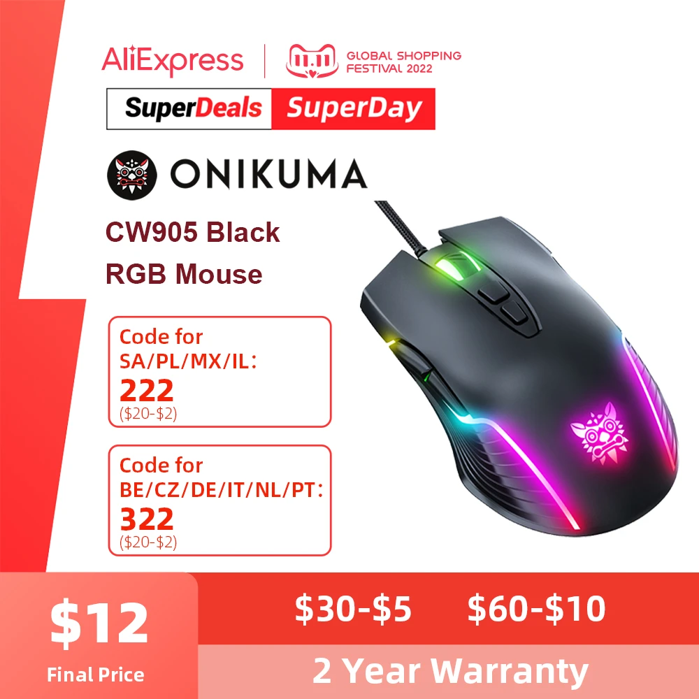 ONIKUMA Wired Gaming Mouse with RGB Light Adjustable 6400 DPI 7 ...