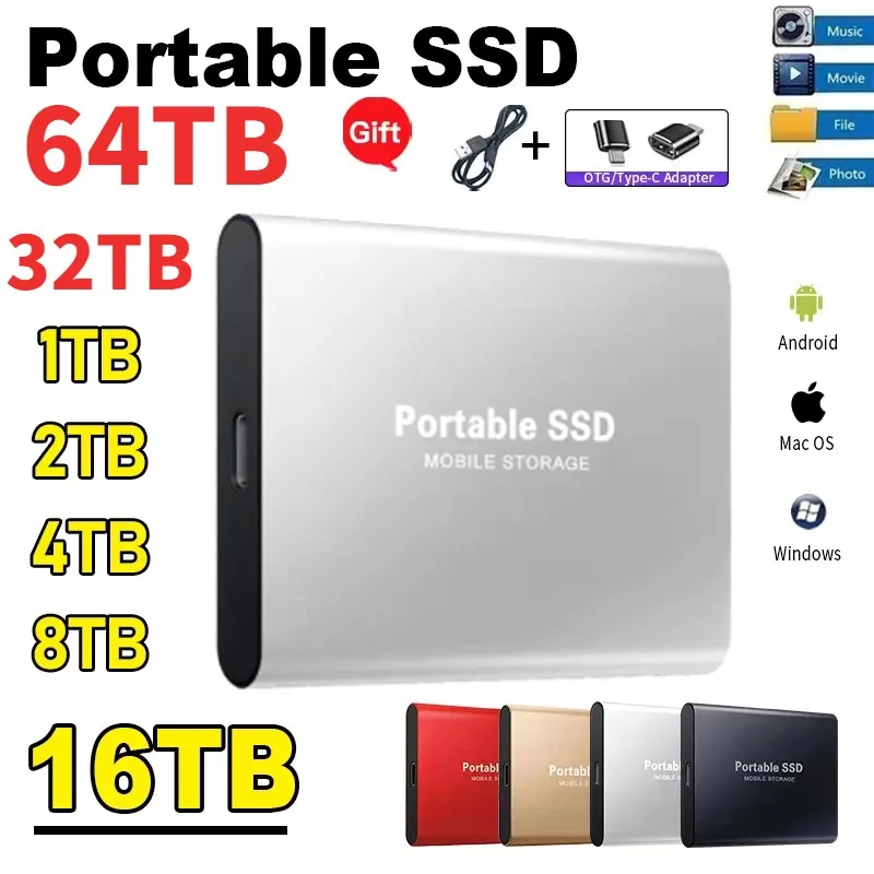 ポータブル外付けハードディスクタイプC,大容量,高速,頑丈,内蔵SSD,ラップトップ,USB 3.1, 64テラバイト,32テラバイト,テラバイト,テラバイト,4テラバイト2テラバイト