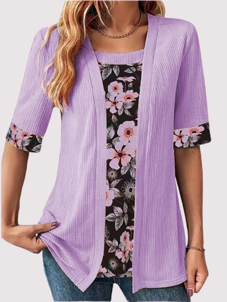 Unique-Design-2-In-1-Top-Women-s-Solid-Color-Patchwork-Printed-Blouse ...