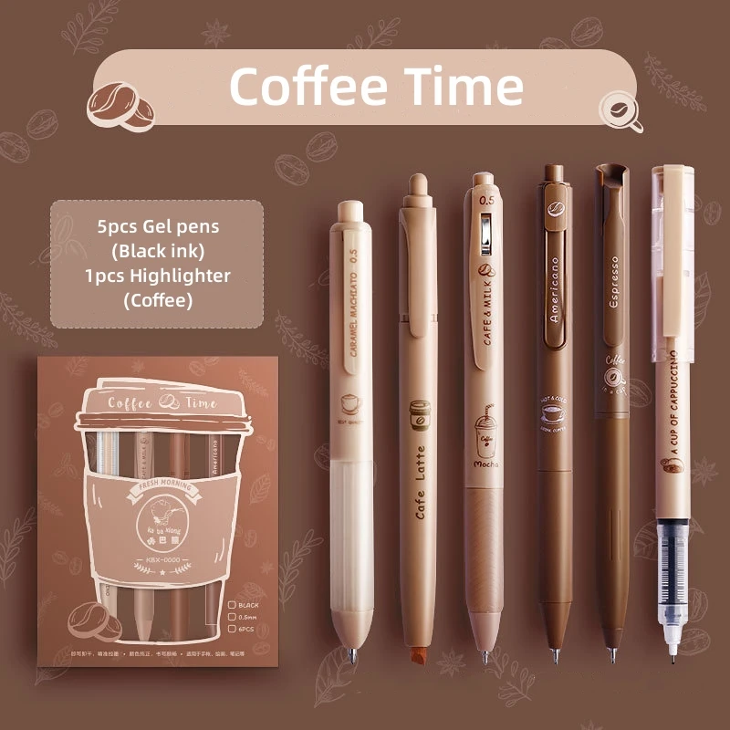 6pcs-Coffee-Time-Gel-Pens-Highlighter-Set-0-5mm-Ballpoint-Black-Color ...