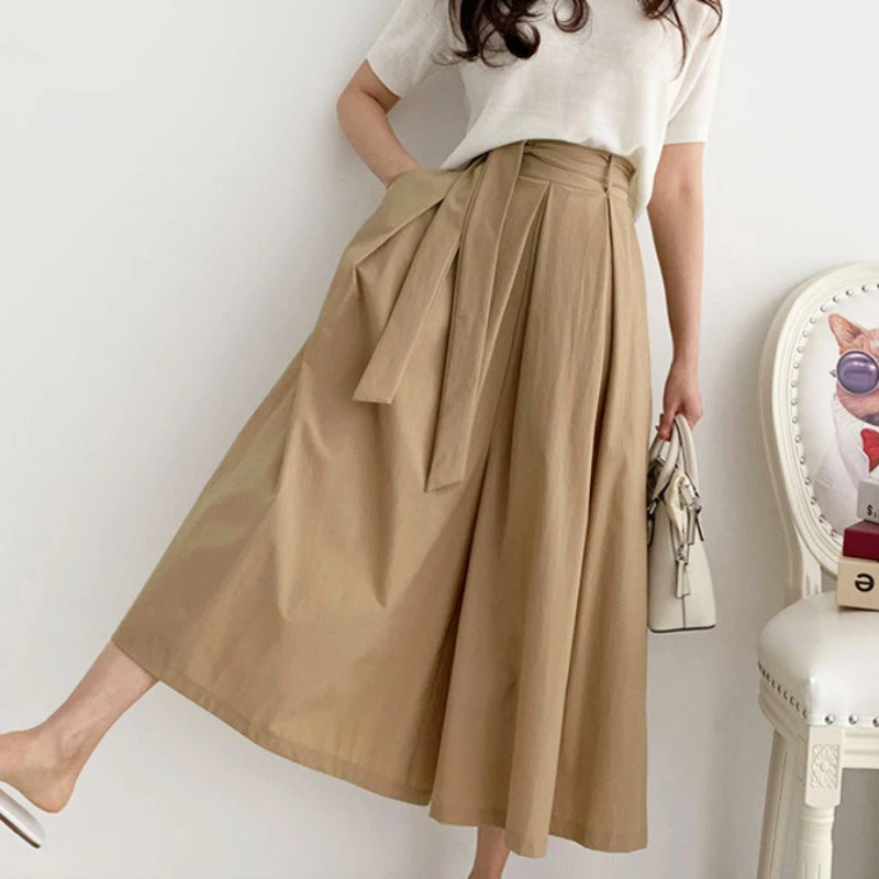 레트로 레이스 업 하이 웨이스트 슬리밍 플리츠 하프 엘라스틱 웨이스트 빅 헴 라인 스커트 팬츠 여성 여름 중간 길이 A 라인 스커트 Aliexpress