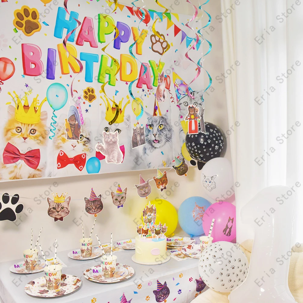 고양이 생일 파티 용품 귀여운 새끼 고양이 팩 고양이 파티 장식 플레이트 컵 배너 걸이식 소용돌이 숫자 풍선 10 개