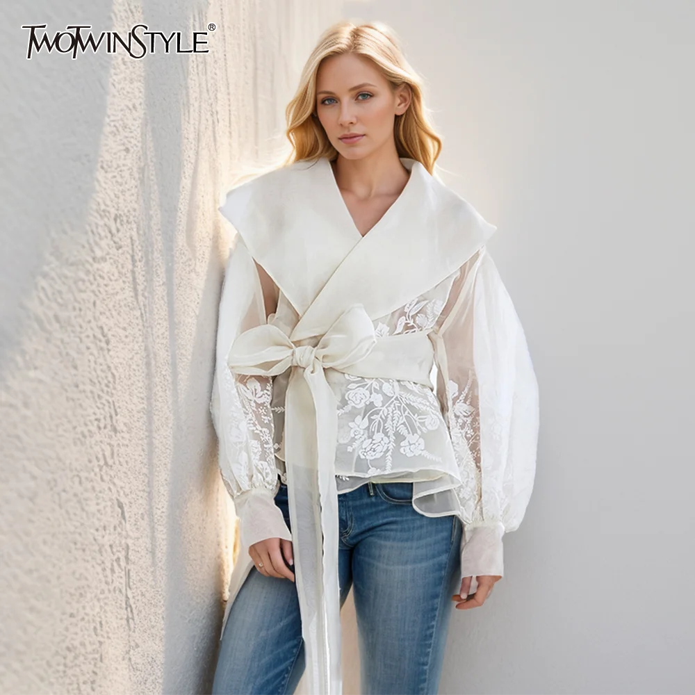 TWOTWINSTYLE-Hit-Color-Organza-Women-Blouse-Lapel-Collar-Lace-Up-Bow ...