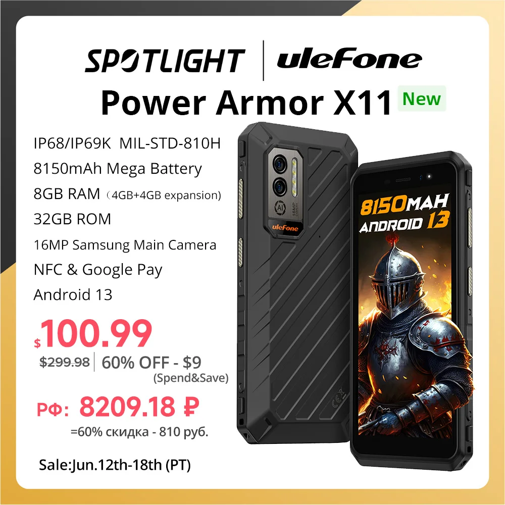 Ulefone Power Armor X11 Telefone Robusto, Smartphone à prova d'água, Telemóveis, 8150 mAh, 8GB ...