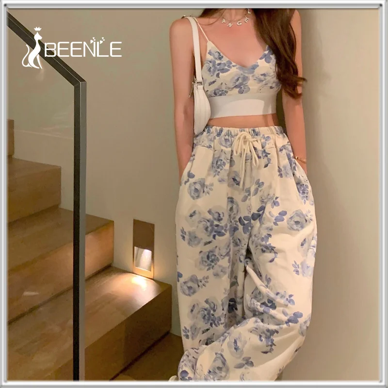 SABINAX Pants Sets Woman Summer Camisole Short Top High Waist Pant Wide ...