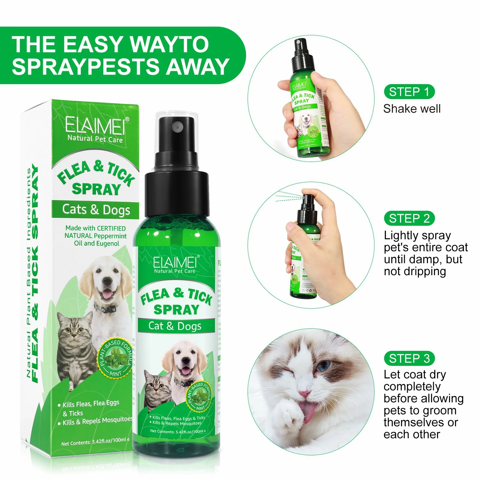 100ml Natural Pet Care Topical Flea&Tick Spray for Dogs&Cats with Fresh ...
