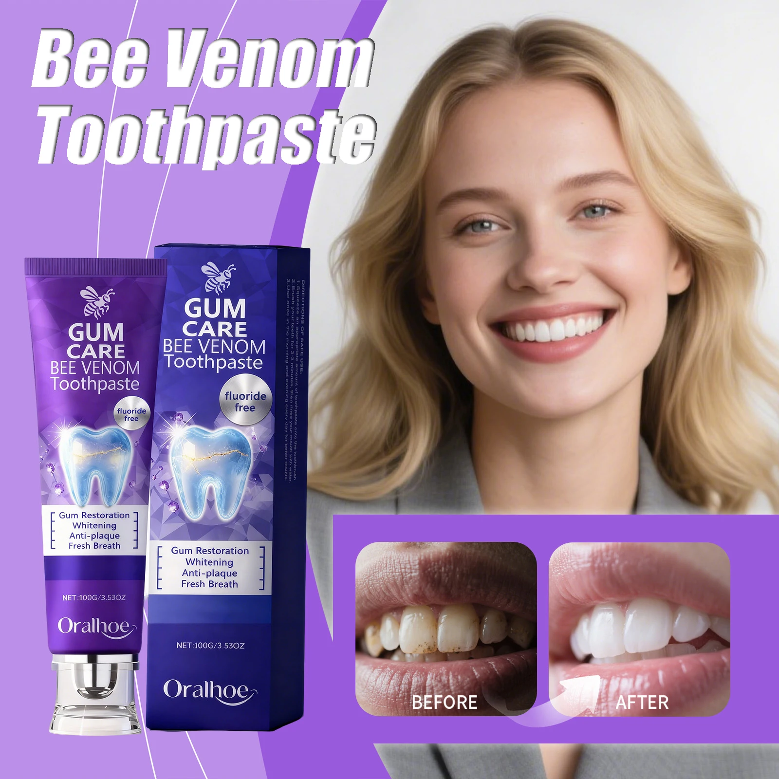 Bee Venom Toothpaste Dental Care Gel Deep Cleaning Removes Tooth Stains ...