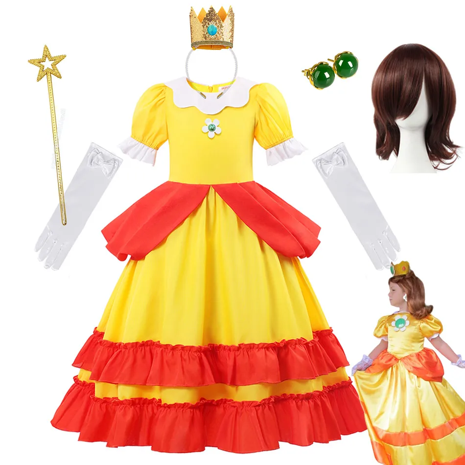 Fancy-Princess-Dress-Daisy-Cosplay-Costume-for-Kids-Yellow-Vintage-Game ...
