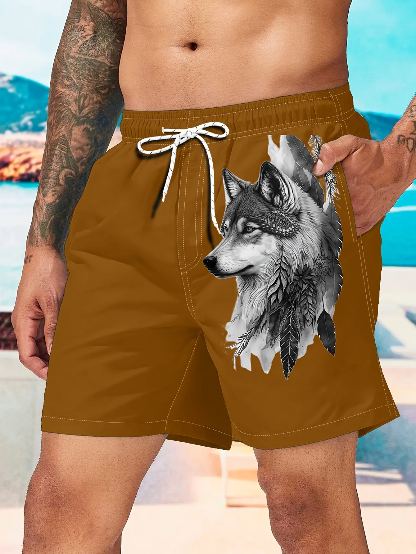 Men's Shorts Swim Trunks Quick Dry Solid Color Animal Wolf Drawstring ...
