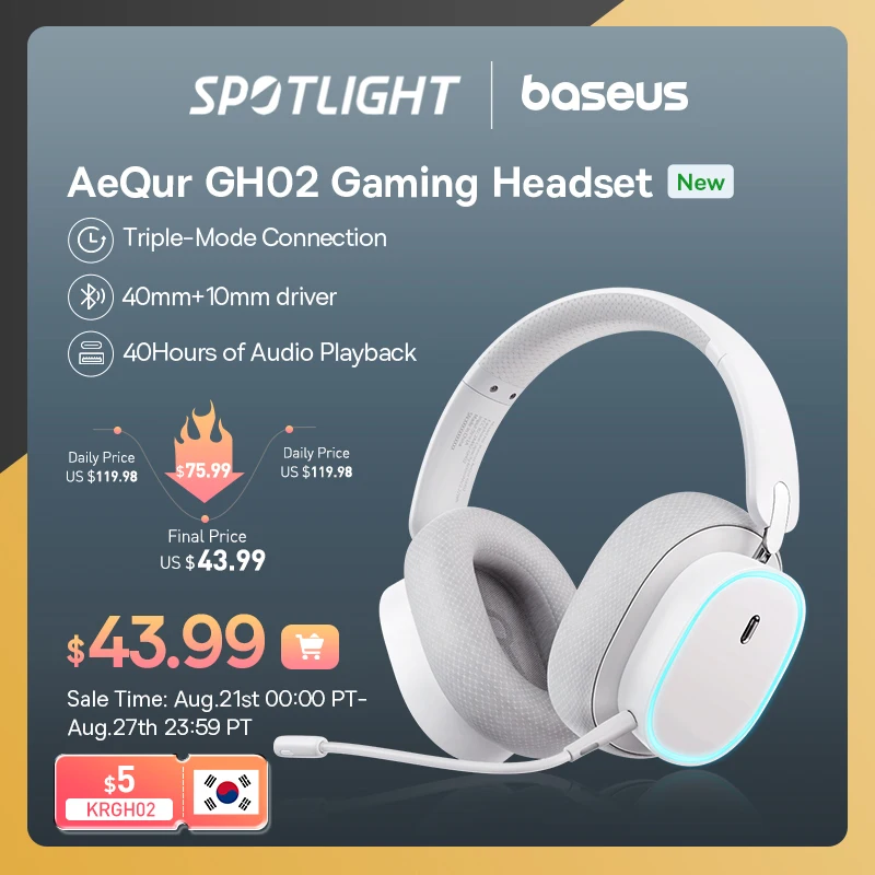 Baseus GH02 게임용 무선 헤드폰, 마이크 포함, 오버이어 헤드폰, 블루투스 5.3, 40mm 드라이버, 2.4G, 무선 ...