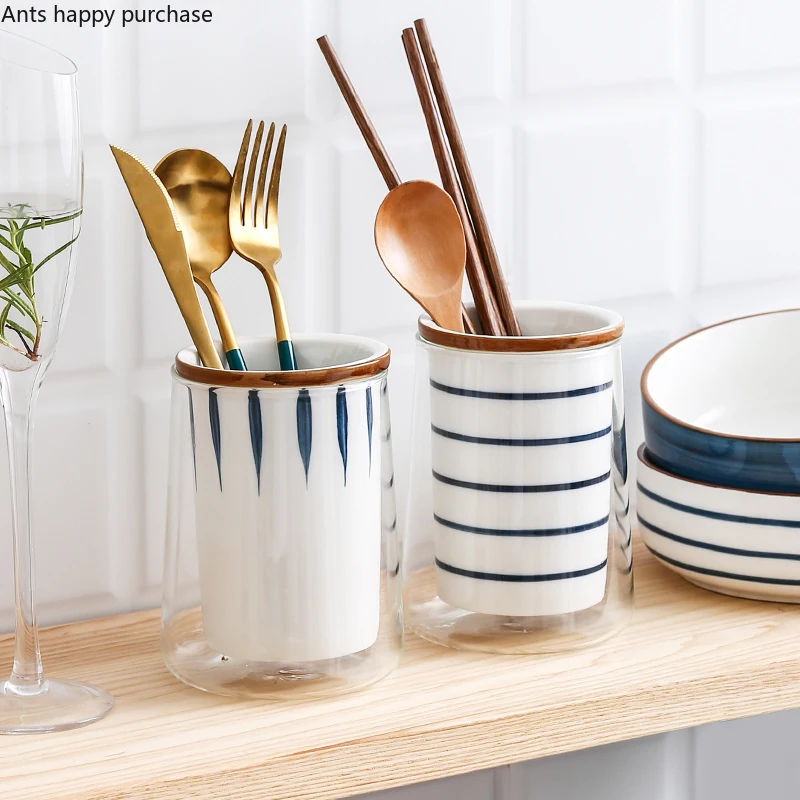 Double Glass Ceramic Chopsticks Holder Kitchen Storage Jar Drain Rack ...