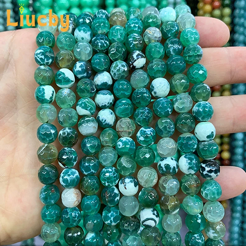 Faceted Natural Stone Green dragon patterned fire agate beads For ...