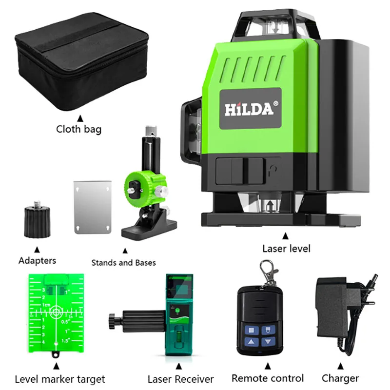 Hilda 16 Lines 4D Laser Level Green Laser Beam Self-Leveling 360 ...
