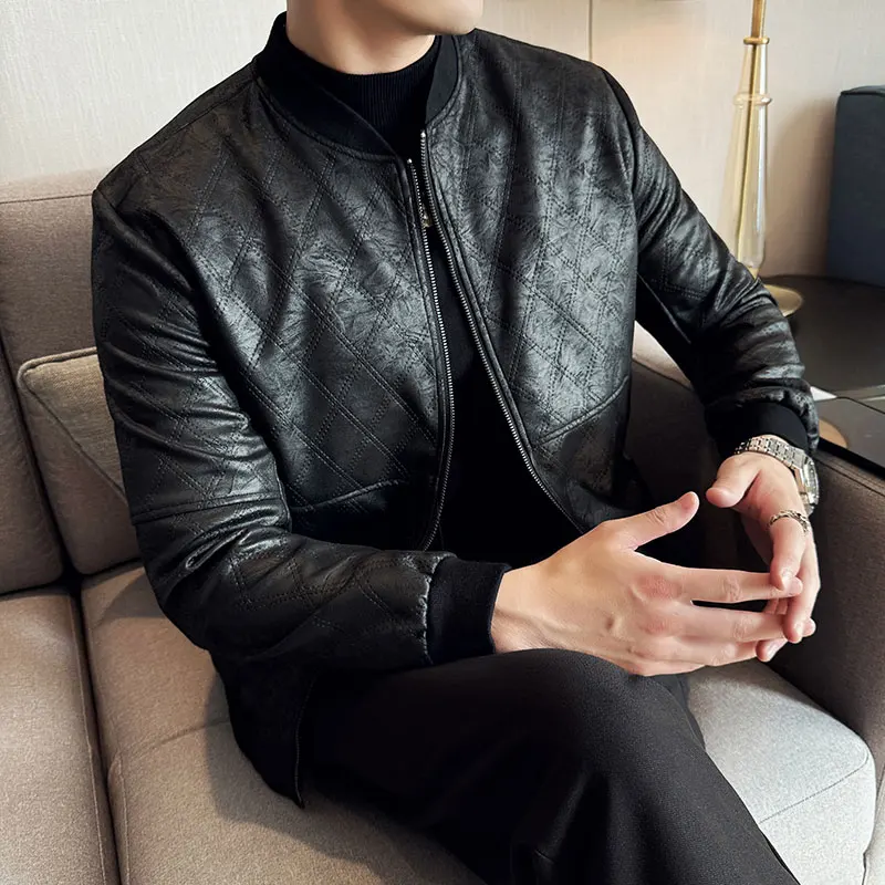 Autumn Fashion Plaid Stand Up Collar Leather Jacket for Men High-end ...