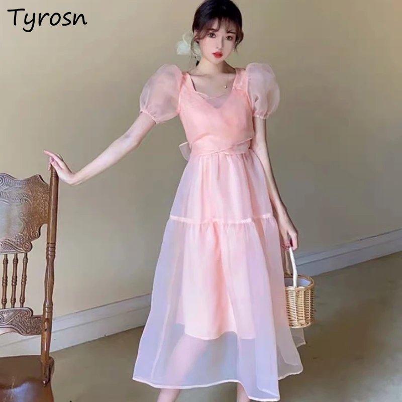 Pink Dress Puff Sleeves | Elegant Dress Pink Sweet | Dress Women Pink ...