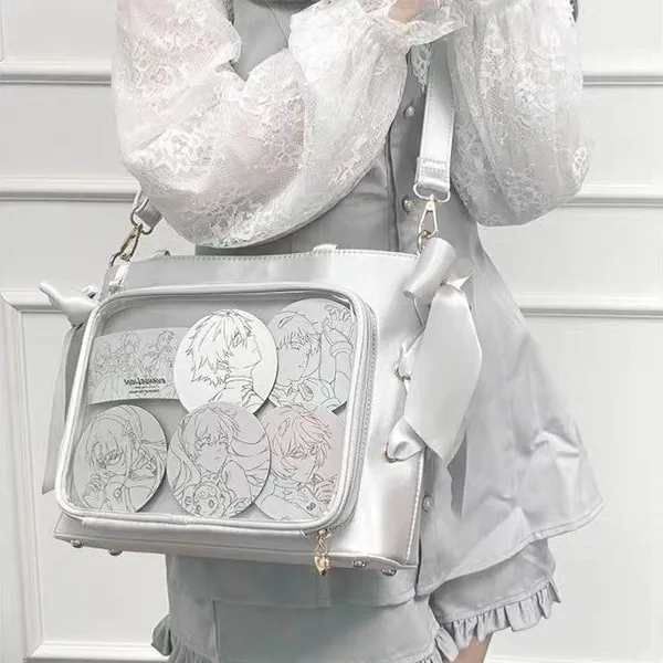 Silver Gray Shoulder ItaBag Japanese Style Large Capacity Satin Ribbon ...