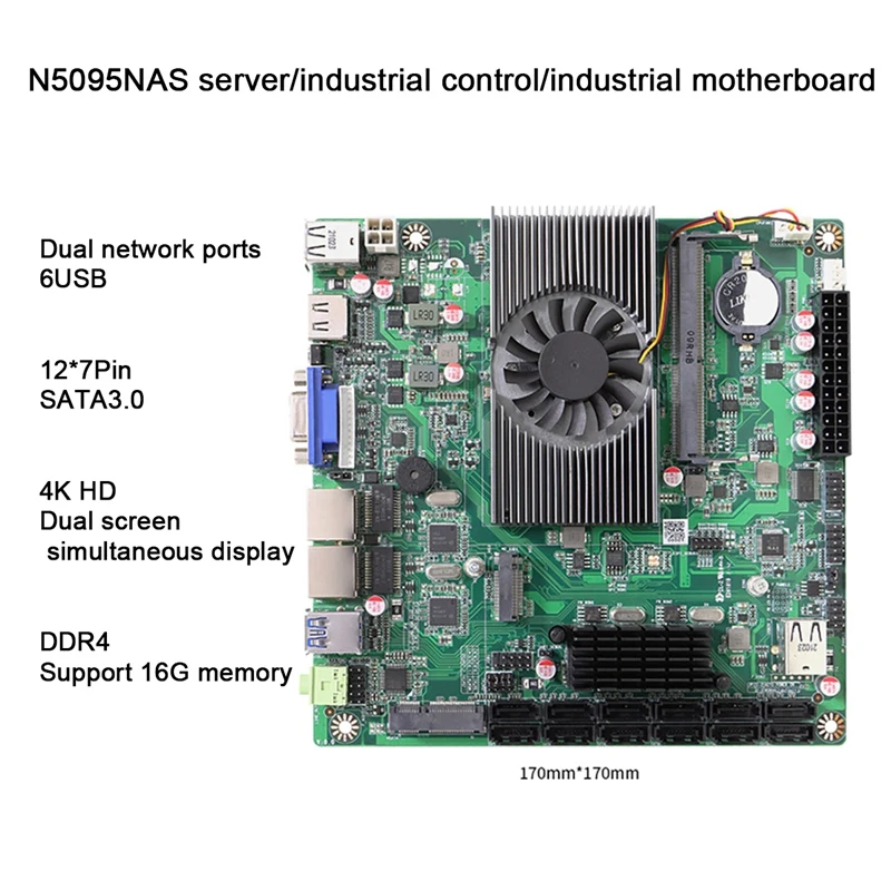 N5095 NAS Server Motherboard Supports DDR4 16G 2933MHZ SODIMM 12X7pin SATA3.0 Industrial ...