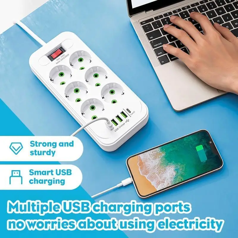 European plug multi-contact 6AC socket power strip 4 USB and 1 Type-C ...