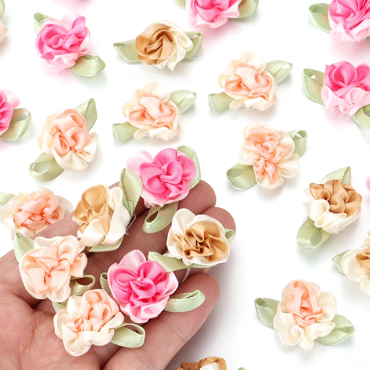 10/20/50PCS/Lot Mini Handmade Rose Flower Satin Ribbon Rosettes Fabric ...